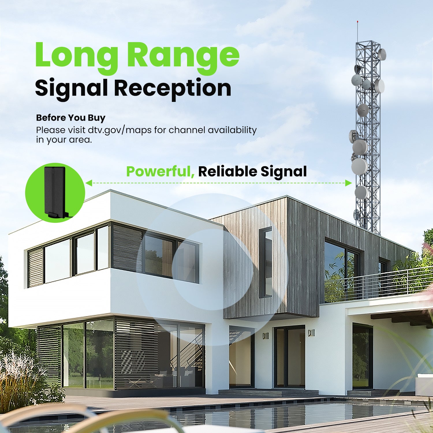 Amplified Indoor/Outdoor TV Antenna, Weather-Resistant, 32ft Coaxial ...