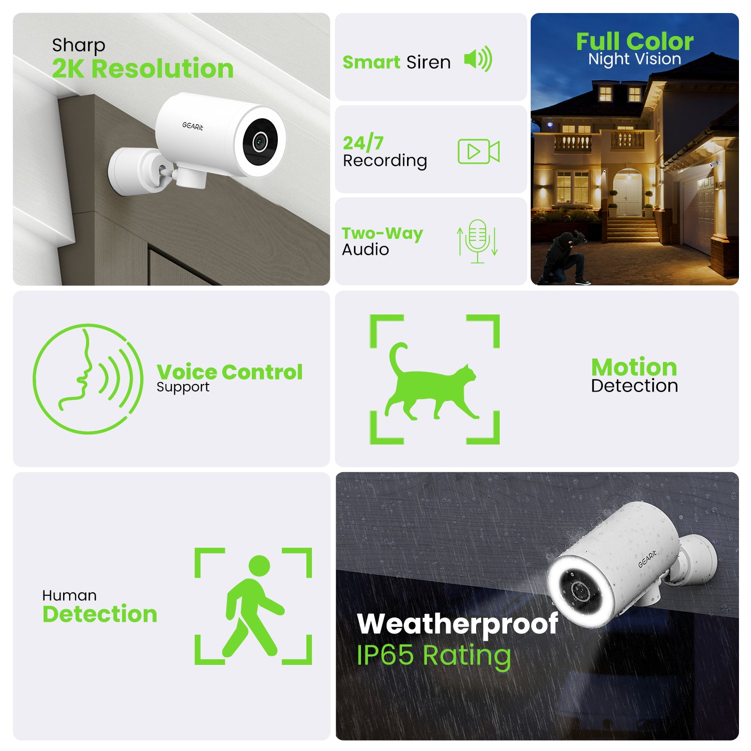 GEARit Wifi Motion Tracking Outdoor Security Camera - 2K Video, IP65 W