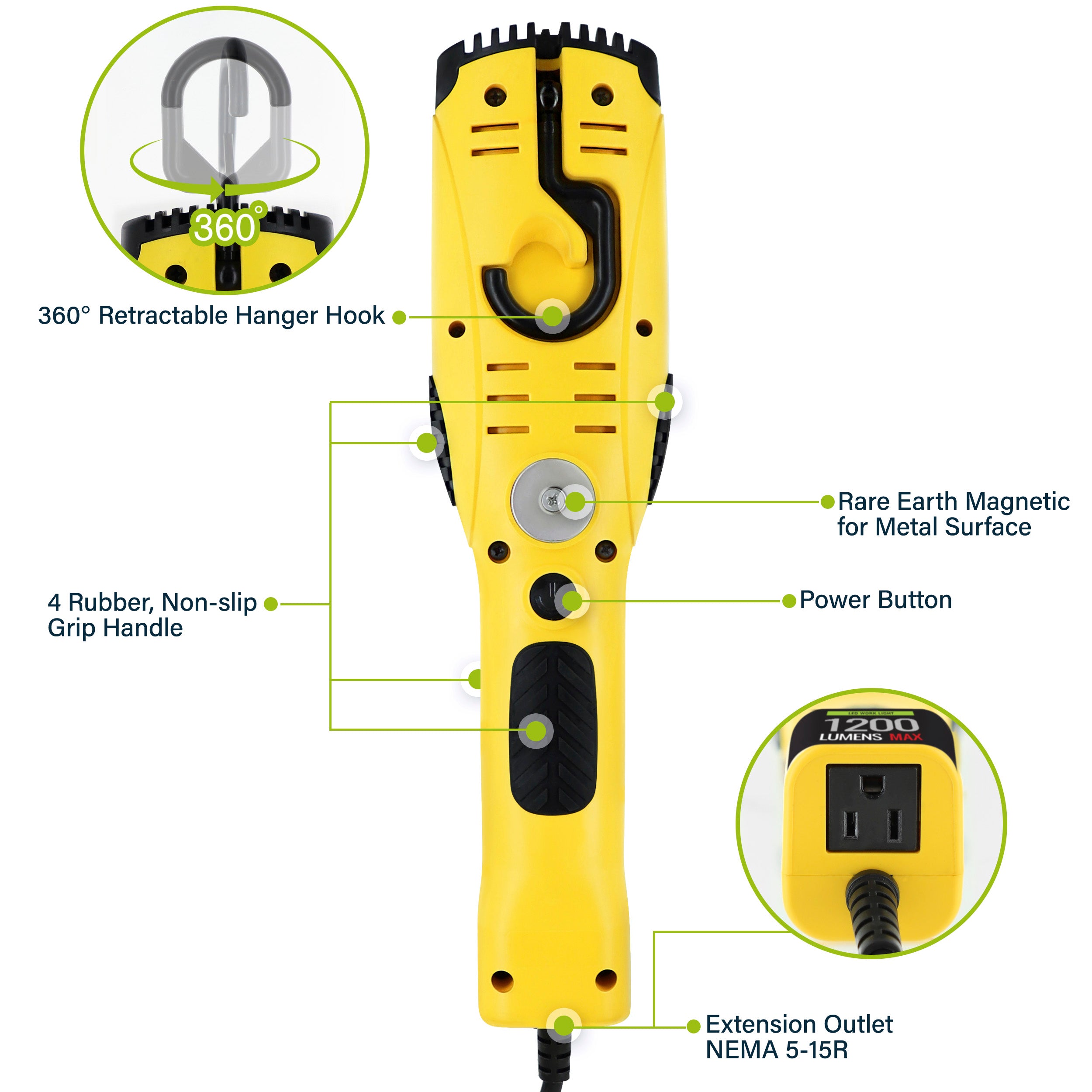 1200 Lumen COB LED Work Light with Long Extension Cable, Yellow - GEARit