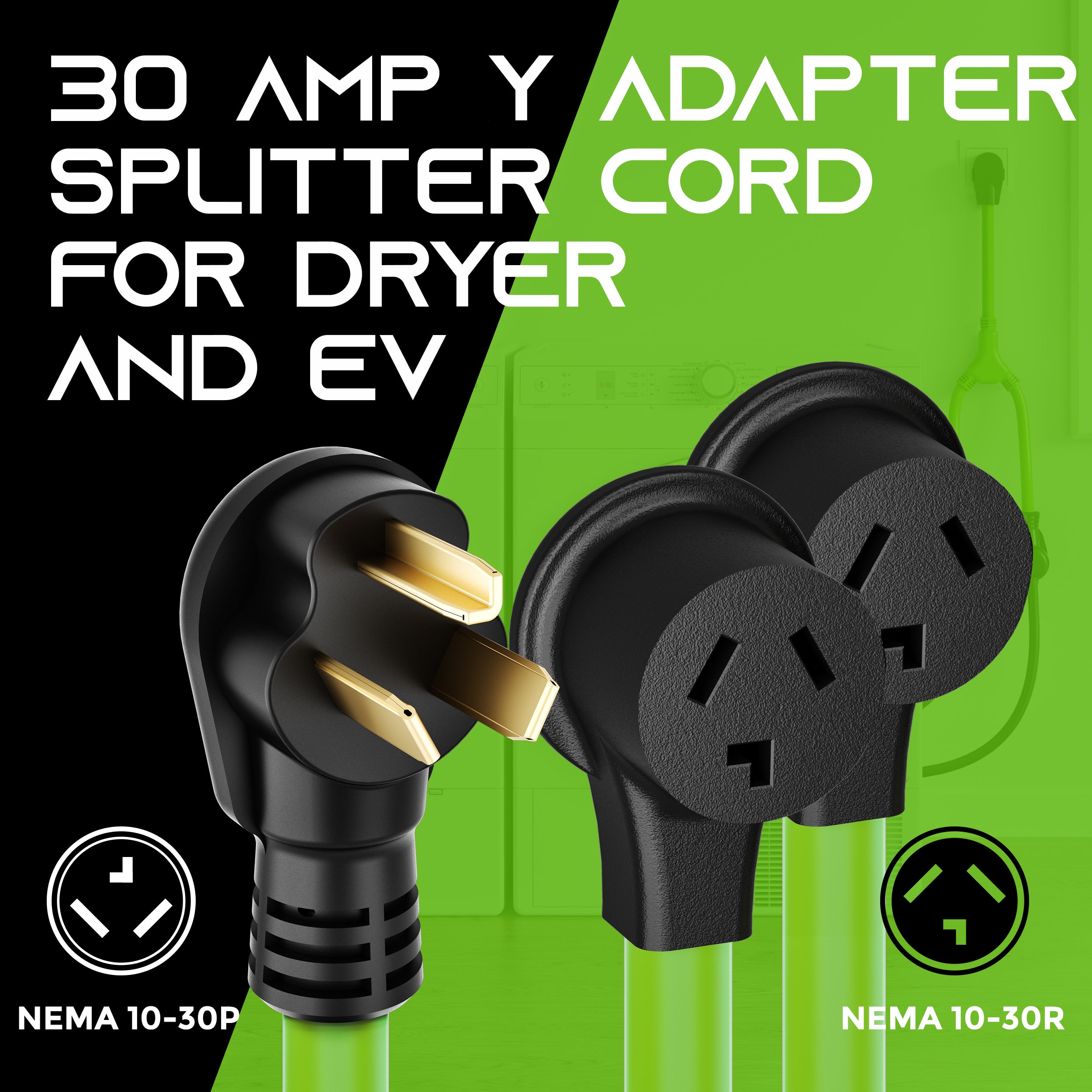 30 Amp NEMA 10-30P to Dual NEMA 10-30R Splitter Power Cord Adapter - 3 ...