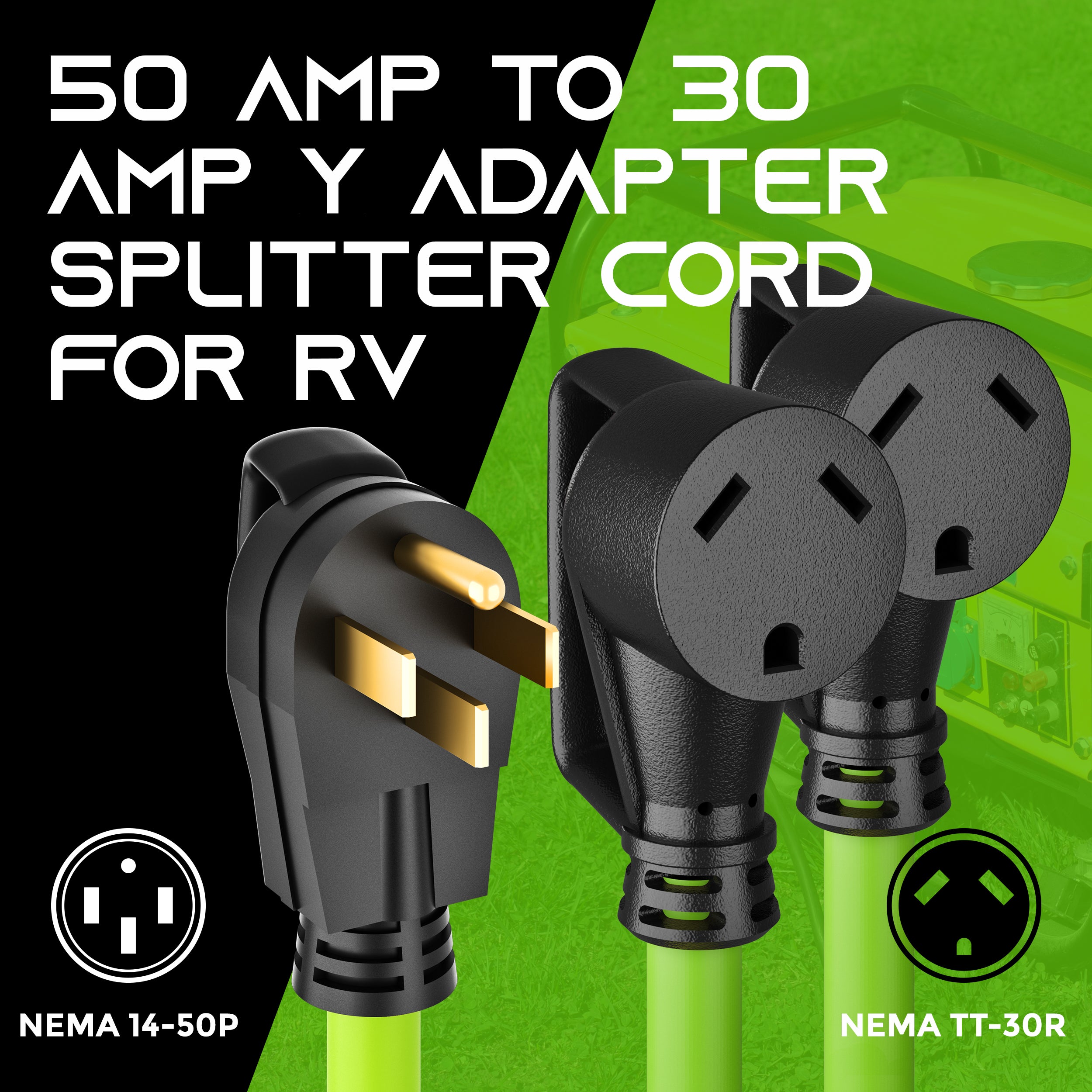 50 Amp NEMA 14-50P to Dual 30 Amp NEMA TT-30R Splitter Power Cord Adap ...