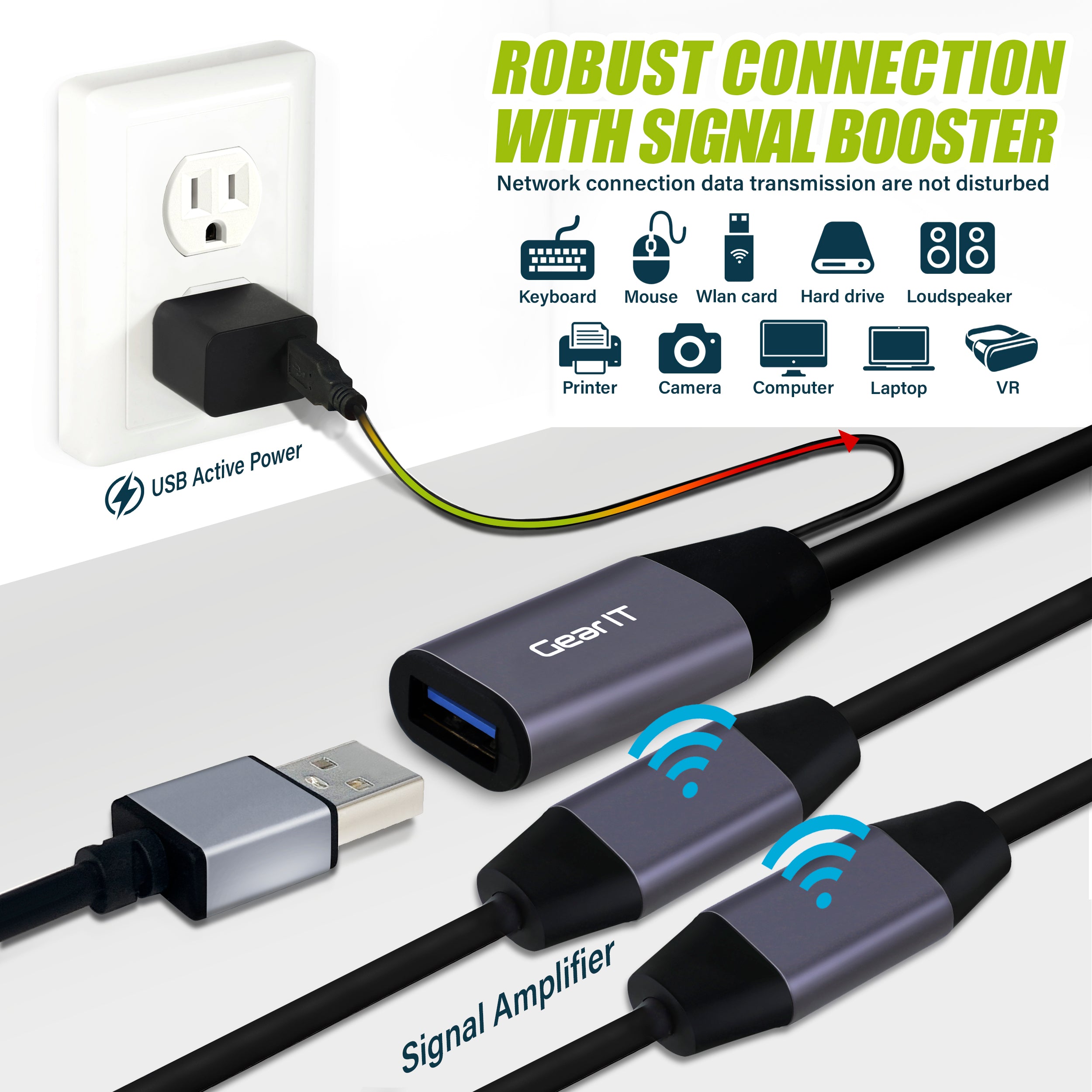 Active USB 3.0 Extension Cable with Signal Booster, Black - GEARit