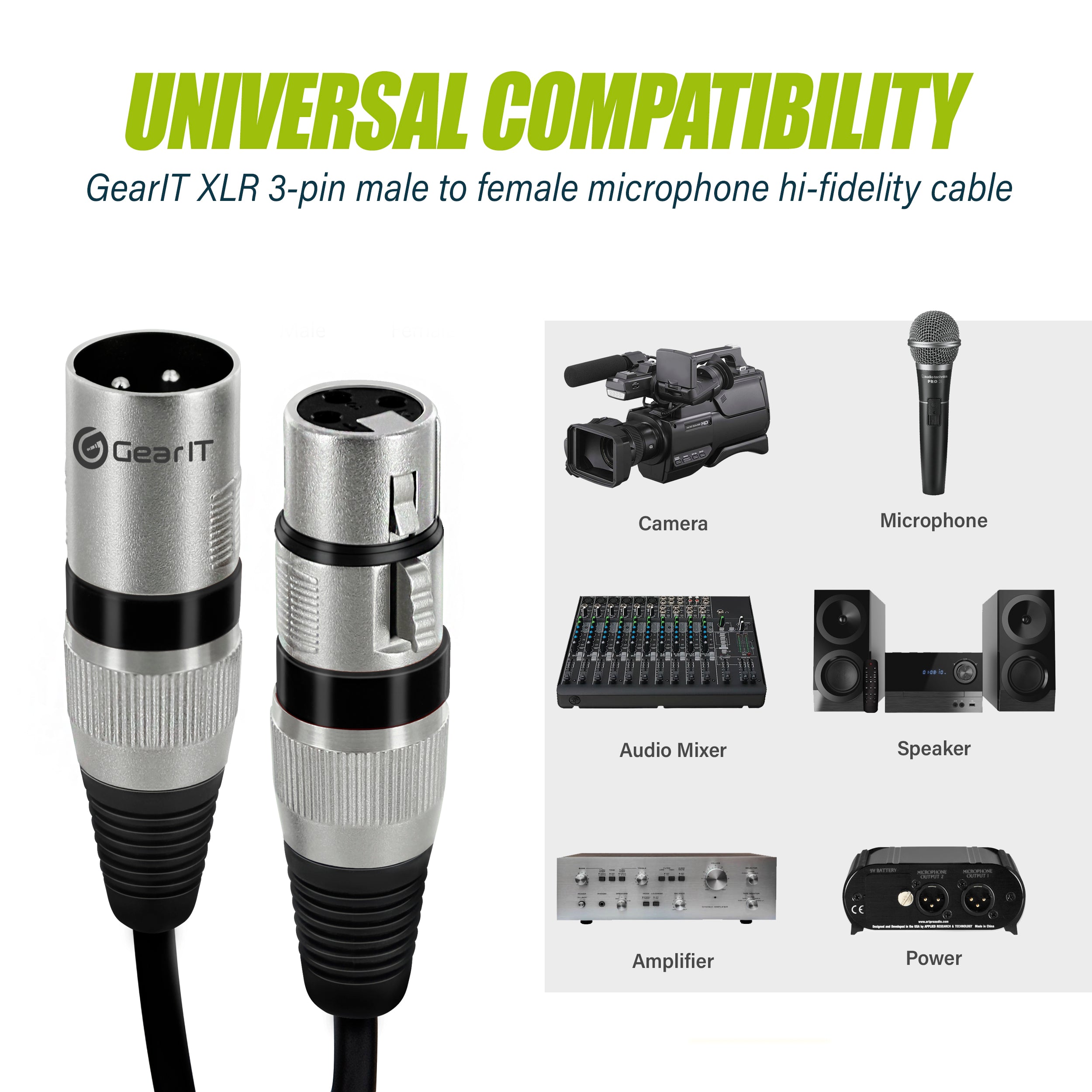 GearIT XLR Extension Cable (Male to Female), Black - GEARit